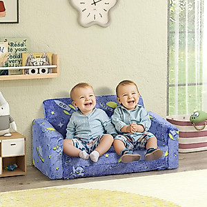 Qaba 2 in 1 Kids Sofa Chair, Toddler Couch with Glow in The Dark Cosmic Patten, Washable Cover, Fold Out Convertible Sofa to Lounger for Playroom Bedroom, Blue