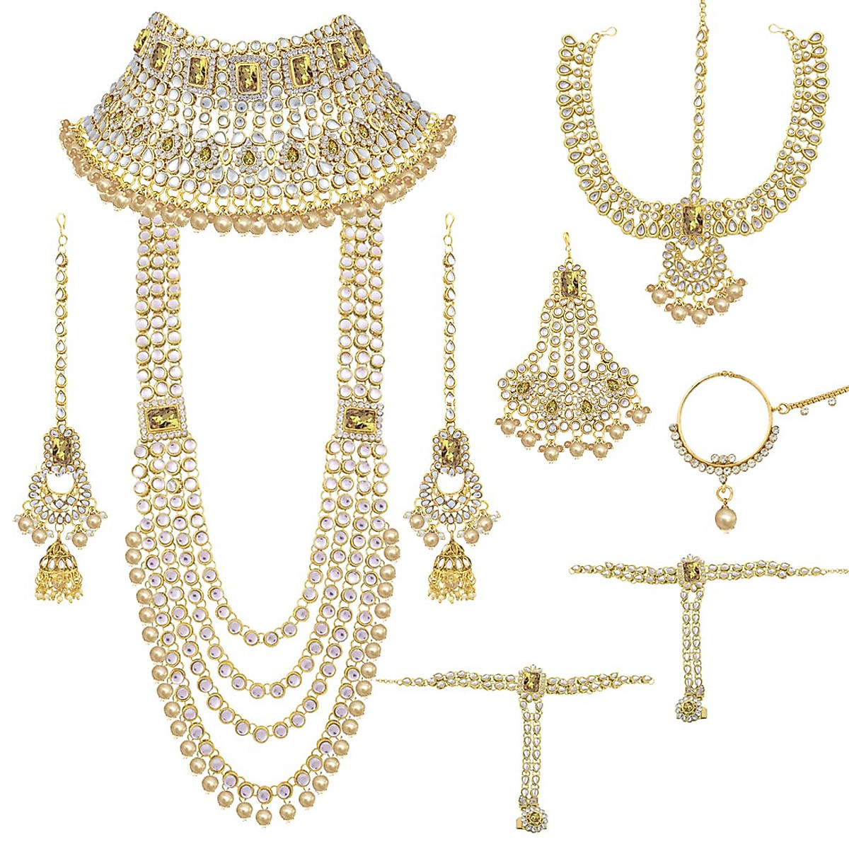 Aheli Ethnic Indian Indian Traditional Bollywood Faux Kundan Dulhan Heavy Bridal Jewelry Set with Choker Earrings Maang Tikka Hathphool for Women Girls