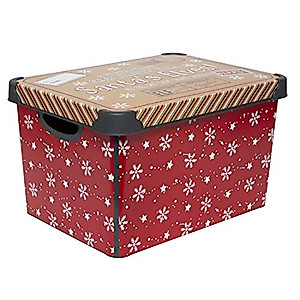 Simplify Santa’s Elves and Snowflake Design Storage Bin | Christmas Tote | Holiday Décor Decorations Organizer | Lidded | Stackable | Red