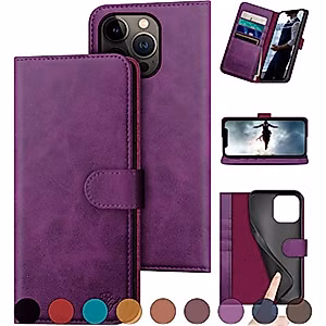 DuckSky for iPhone 14 Pro 6.1" Genuine Leather Wallet case 【RFID Blocking】【4 Credit Card Holder】【Real Leather】 Flip Folio Book Phone case Protective Cover Women Men for Apple 14Pro 5G case Purple