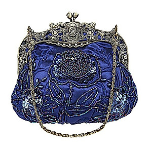 Women's Vintage Elegant Beaded Evening Clutch Bag Prom Party Handbag Rose Purse