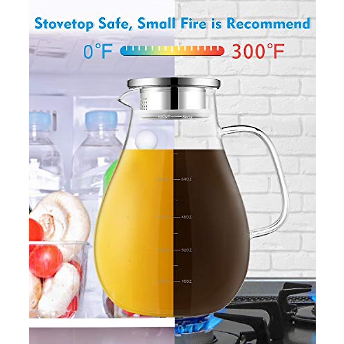 Glass Pitcher, veecom 80oz Water Pitcher with Lid, Large Glass Pitcher with Lid and Spout for Hot&Cold Beverage, Juice, Iced Tea Pitcher for Fridge, Borosilicate Glass Carafe/Jug with Brush