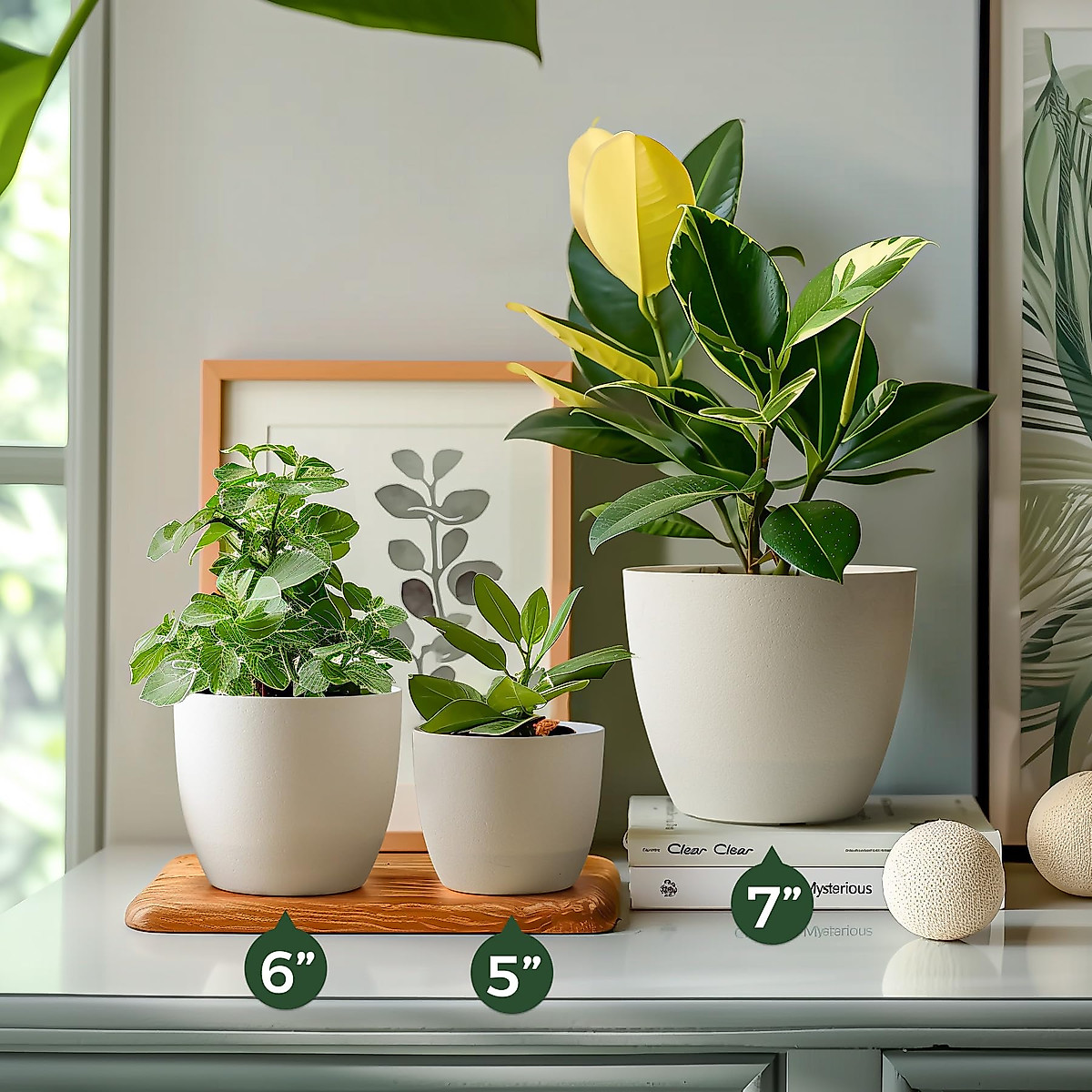 T4U 5 Inch Self Watering Planters Plastic Plant Pot, Modern Decorative Flower Pot/Window Box for All House Plants, Flowers, Herbs, African Violets, Succulents - White, Set of 6