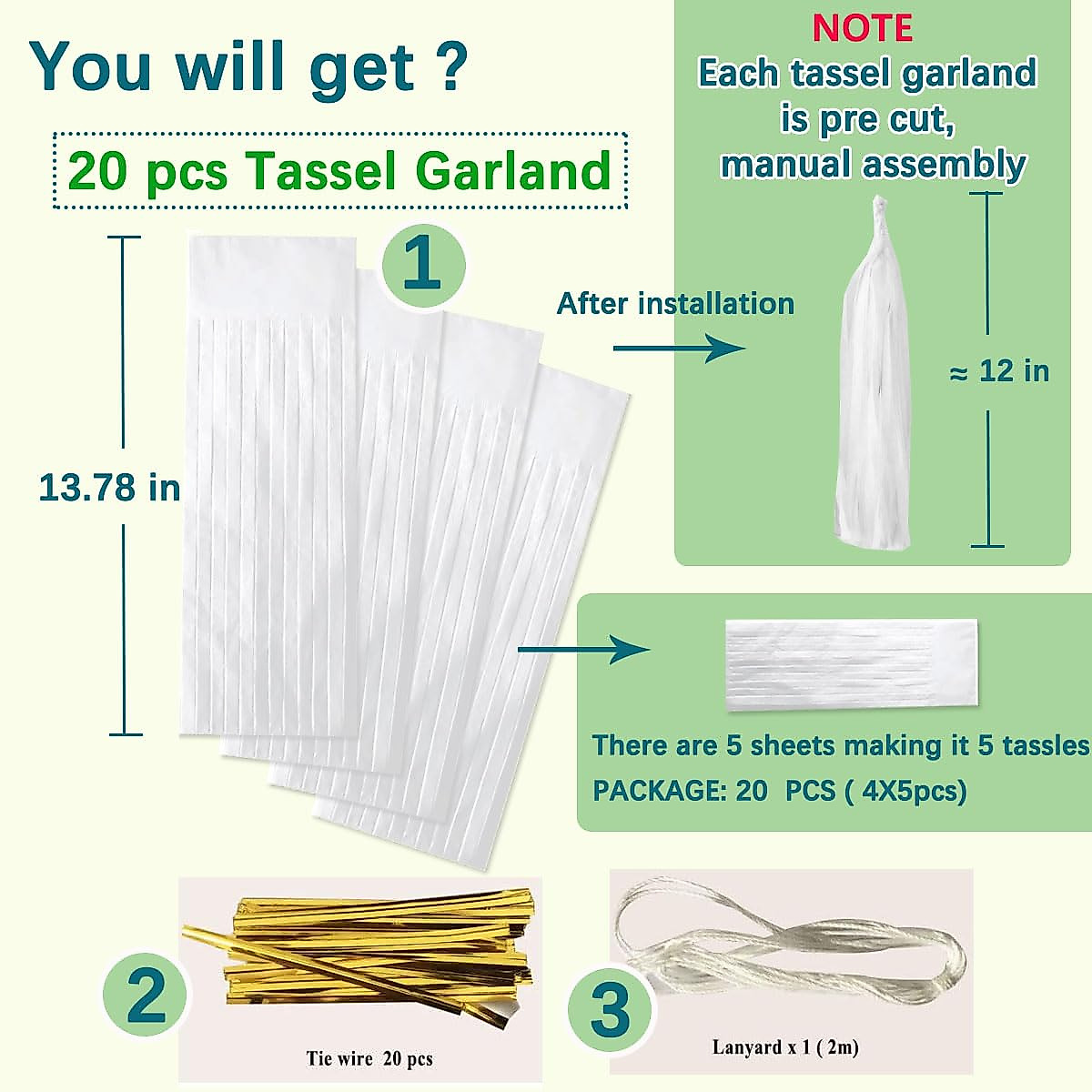 White Tassel Garland 20 Pcs, Tissue Paper Tassels Garland Banner for Party Birthday Wedding Decoration baby shower table decor