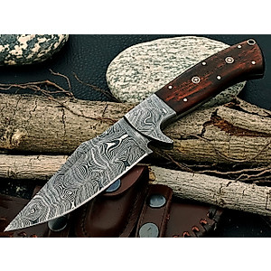 Damascus Steel Hunting Knife Fixed blade knife Damascus Bolster Walnut Wood Handle Mosaic Pin, Bush craft, Outdoor Camping, with Cowhide Leather Sheath – BW-4144