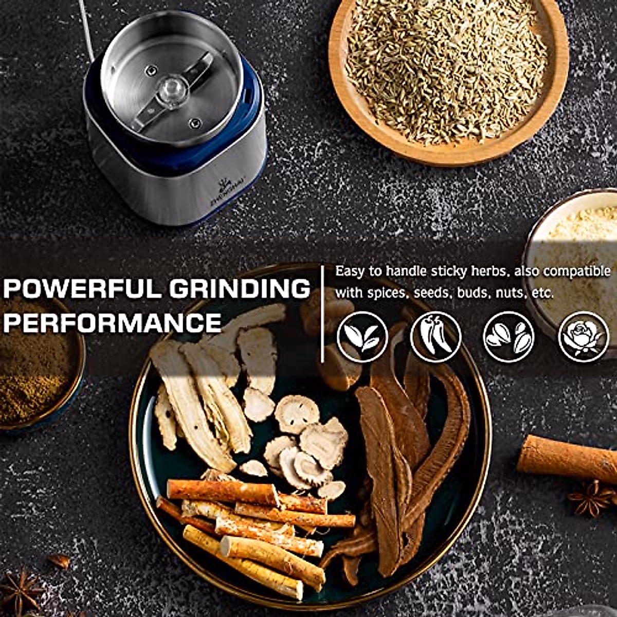 ZHENGHAI Electric Herb Grinder 200w Spice Grinder Compact Size, Easy On/Off, Fast Grinding for Flower Buds Dry Spices Herbs, with Pollen Catcher and Cleaning Brush (Blue)
