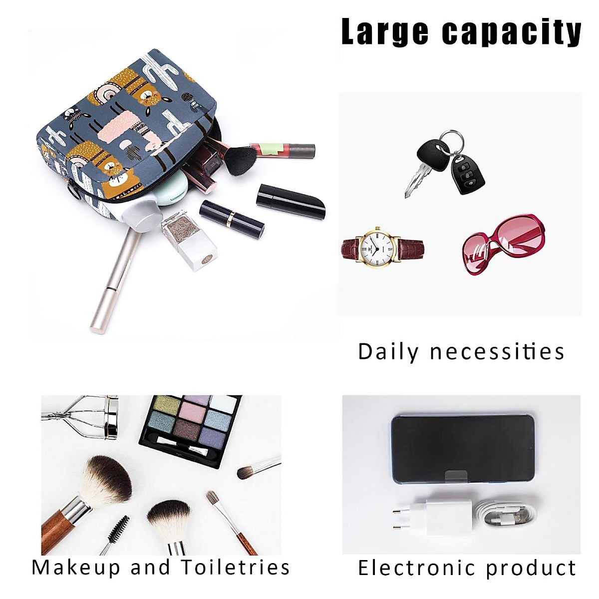 TBOUOBT Cosmetic Travel Bags, Makeup Case, Makeup Bag for Toiletries, Llama Cactus Cartoon