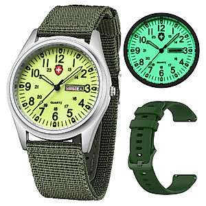 Gosasa Unisex Military Watches Sport Textile Nylon Strap Luminous Fashion Watch Analog Display Quartz Waterproof Casual Wristwatch (Green Luminous)
