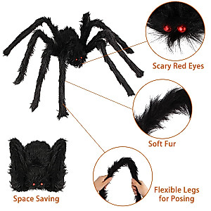Halloween Spider Decorations, 4 Pcs Gaint Spiders Halloween Decorations Outdoor Scary, Halloween Spider Scary Fake Spiders Halloween Decor for Outside House Indoor Yard Haunted House Window