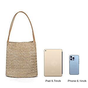 PANYUYI Straw Beach Bag Straw Bag Tote Buckets Totes Beach Women Shoulder Bag Beach Tote Bag Summer Handbag Straw Woven Purse (Dark Beige)