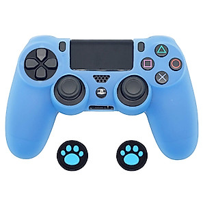 Controller Skin for PS4,BRHE Anti-Slip Grip Silicone Cover Protector Case Compatible with PS4 Slim/PS4 Pro Wireless/Wired Gamepad Controller with 2 Cat Paw Thumb Grip Caps (Blue)