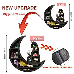 Neegaurd Cat On The Moon Crystal Wood Shelf 14inch Large Wall Mounted Crystal Display Shelf Wooden Floating Moon Shelf Wall Décor for Living Room, Bedroom, Office (Cat and Moon)