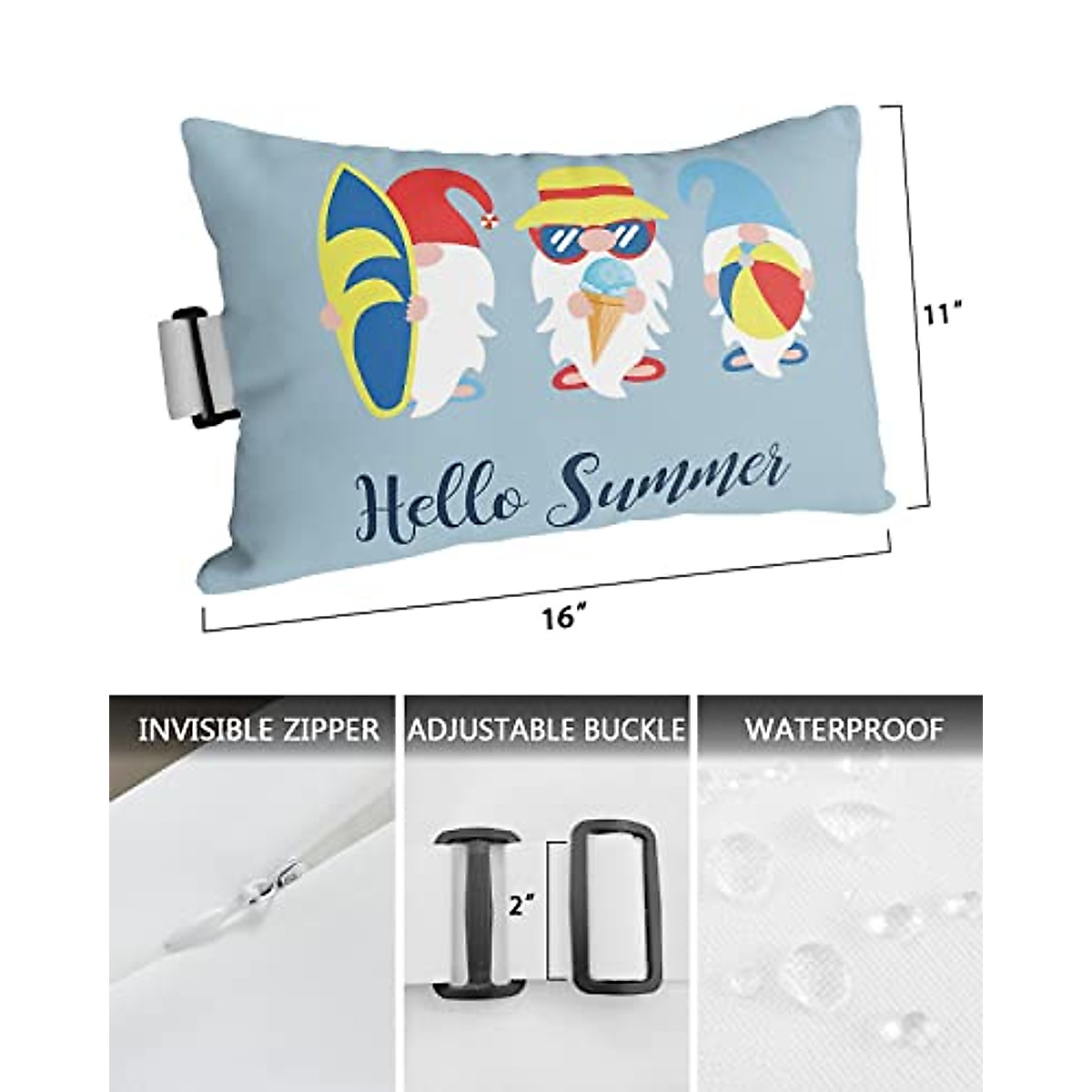 Recliner Head Pillow Ledge Loungers Chair Pillows with Insert Summer Style Gnome with Ice Cream Surfboard Lumbar Pillow with Adjustable Strap Outdoor Waterproof Patio Pillows for Beach Pool, 2 PCS