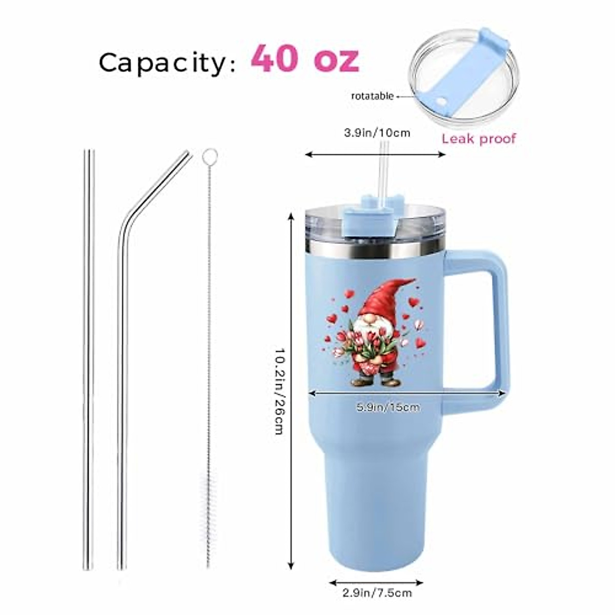 LB LEOBON 40 ounce insulated cup with handle, double-layer vacuum stainless steel material, equipped with straw, can keep warm or maintain cold drinks Gnome Love Bouquet P wathet