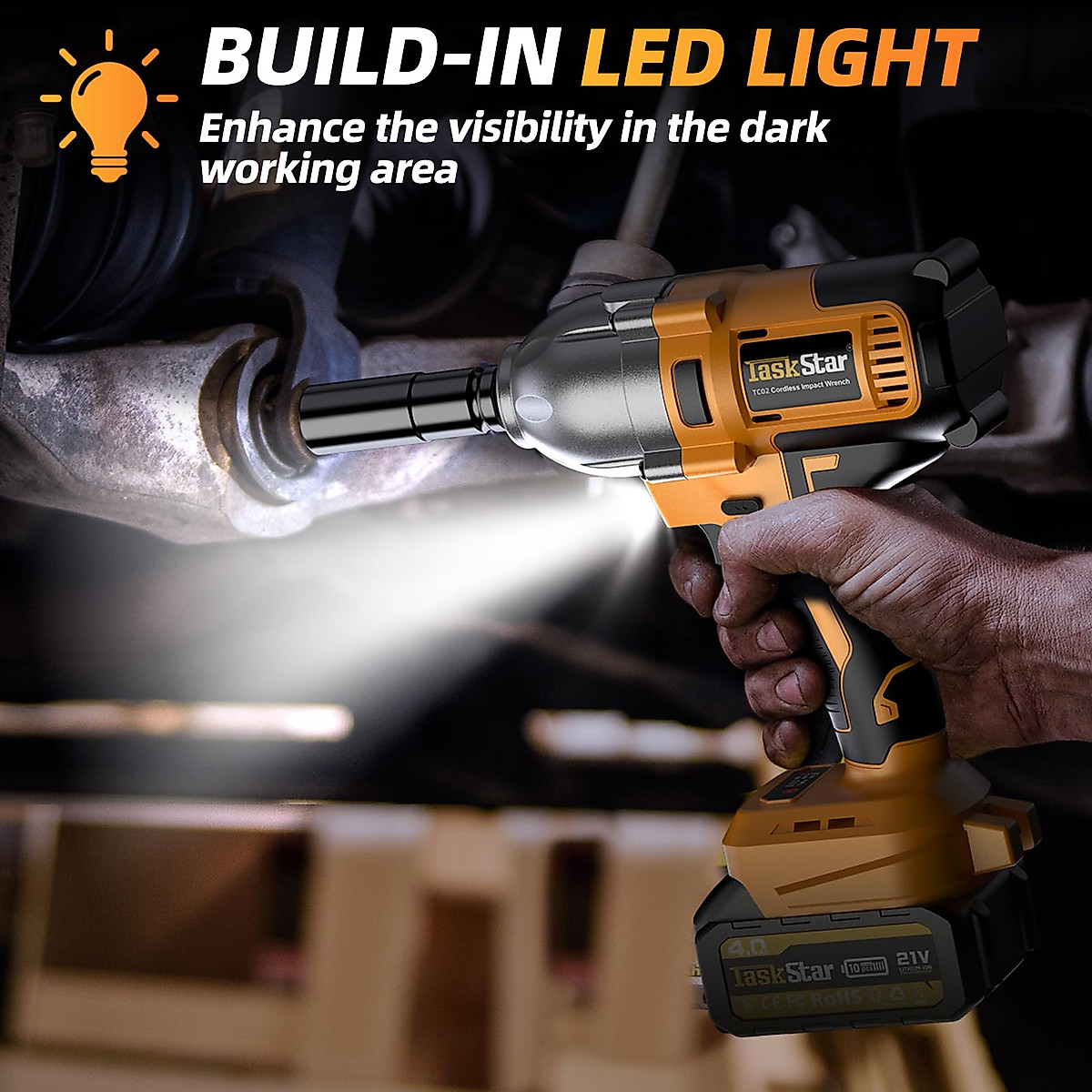 TaskStar Cordless Impact Wrench 1/2 Inch, 900N.m(664ft-lbs) High Torque Brushless Power Impact Gun, 21V 3300RPM Electric Impact Driver with 2x4.0Ah Battery & Fast Charger for Car Tires Truck