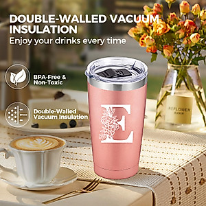 Leraverppy Personalized 20oz with Initial Stainless Steel Coffee，Leak Proof Rose Gold Tumbler with Lid And Straw Double Wall Thermal Cups for Hot and Cold Drinks Monogrammed Gifts for Women（C20-E）