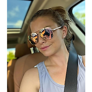 LUENX Women Aviator Sunglasses Polarized Shades Flexible Spring Hinge - Pink Mirror Lens Rose Gold Metal Frame 60mm