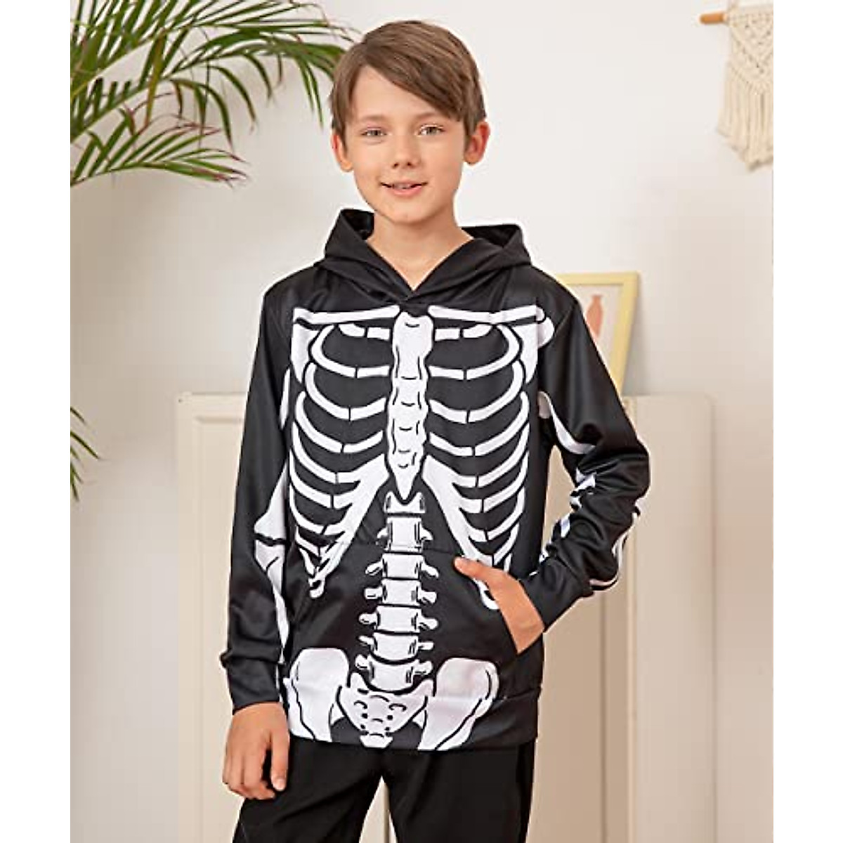 Enlifety Young Kids Scary Skeleton Sweatshirts Boys Girls Long Sleeve Skull Hoodies Halloween Costume Pullover Hoody with Pocket for Winter Fall Size 8 9 10 11