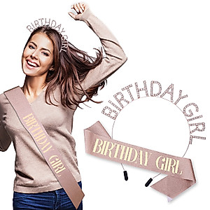 WLLHYF Birthday Crown for Women, Birthday Girl Headband Rose-Gold Rhinestone Hair Band Birthday Sash and Tiara Crystal Crown Headband for Women Girl Birthday Accessories Party Decorations