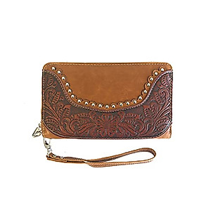 Montana West Ladies Wristlet Wallet 2-in-1 Western Tooled Genuine Leather Zippered Enclosure Brown
