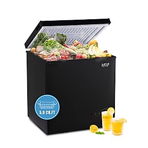 Krib Bling 5.0 Cu.Ft Chest Freezer with 7 Gears Temperature Control(-16°F to -48°F), Deep Compact Freezer with a Removable Basket, for House, Kitchen, Garage, Basement, Shop, Black