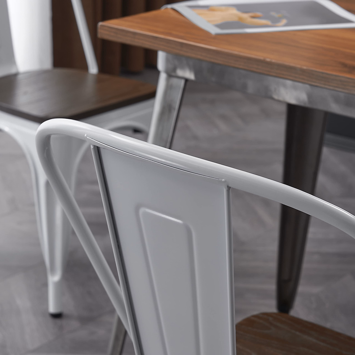 Nazhura Metal Dining Chair Farmhouse Tolix Style for Kitchen Dining Room Café Restaurant Bistro Patio, 18 Inch, Stackable, Waterproof Indoor/Outdoor (Sets of 4) (White with Wood Padding)