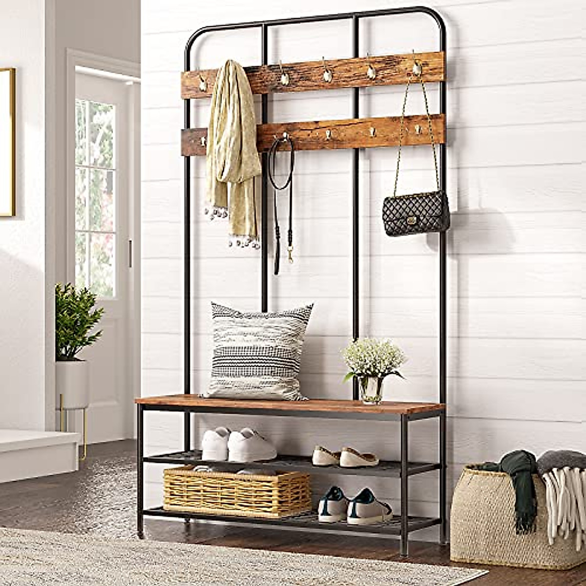 HOOBRO Hall Tree with Bench, Entryway Bench with Coat Rack, Mud Room Bench with 12 Double Hooks and Storage Bench, Coat Tree, Shoe Rack Organizer, for Foyer, Front Door, Rustic Brown BF05MT01