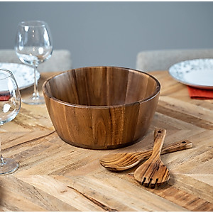 E&WES CO Large Solid Wood Salad Bowl Set 12-Inch Diameter With Wooden Utensils Spoon And Fork - Bowls Great For Mixing