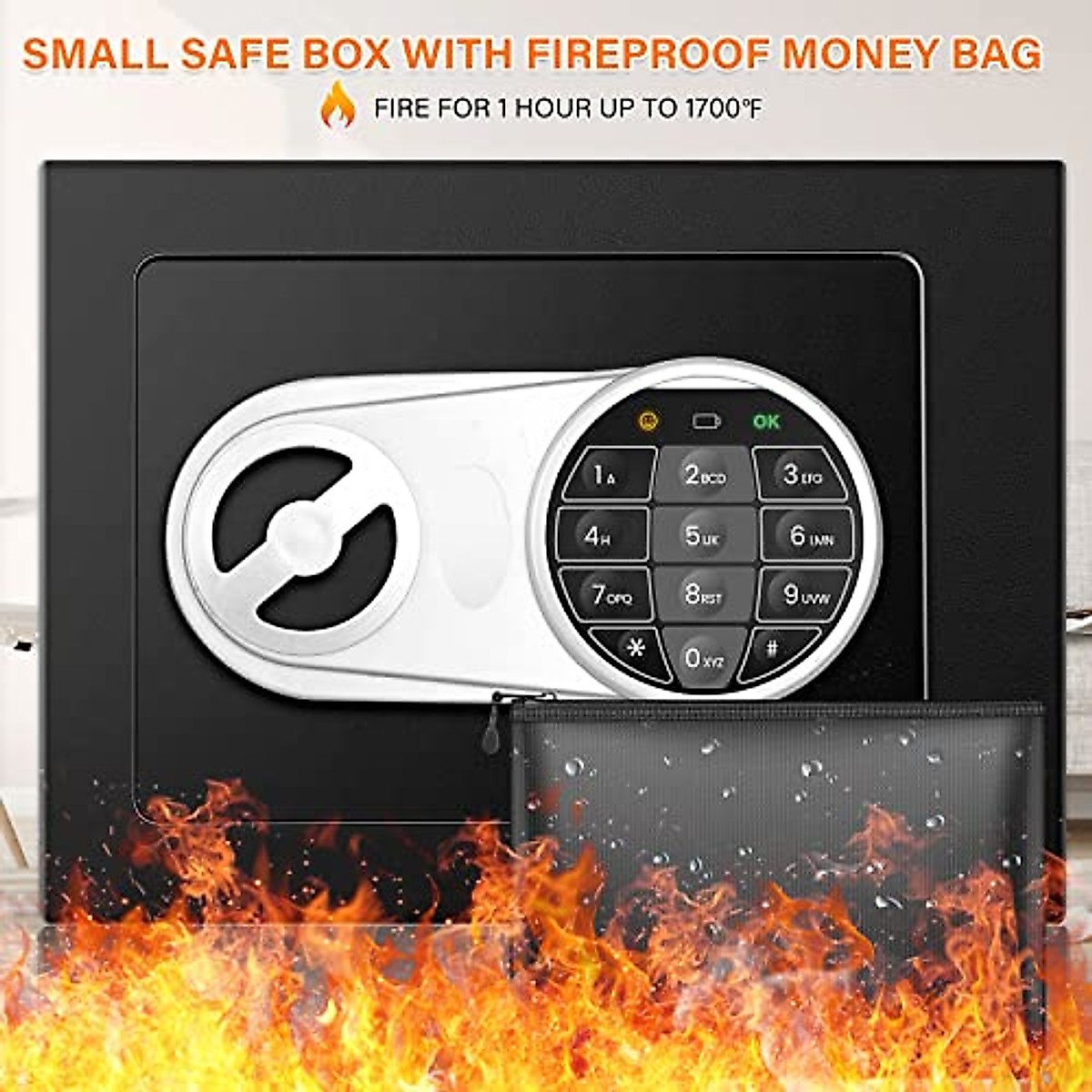 Thmosz Small Safe Box for Money, 0.25 Cuft Mini Home Safe with Fireproof Waterproof Money Bag, Digital Safe with Combination Lock, Money Safe Box for Home Hotels Business (Black)