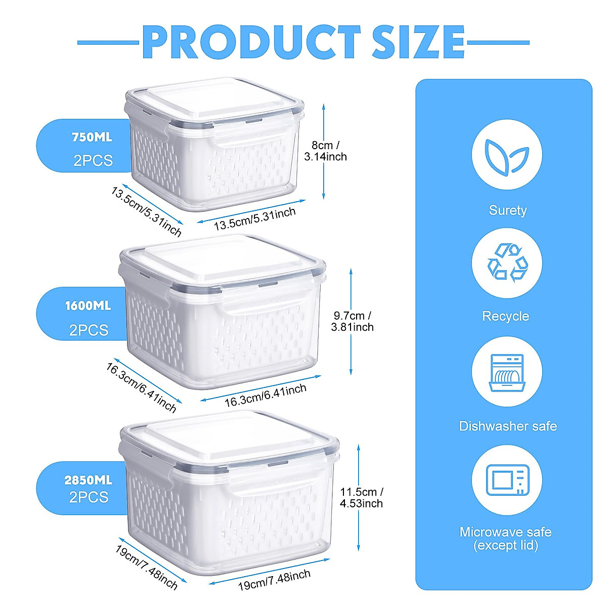 6 Pcs Fruit Storage Containers for Fridge, Food Storage Containers Berry Produce Fridge Organizer with Removable Colander Keep Fruits, Vegetable, Veggie, Meat Fresh Longer(Small, Medium, Large)