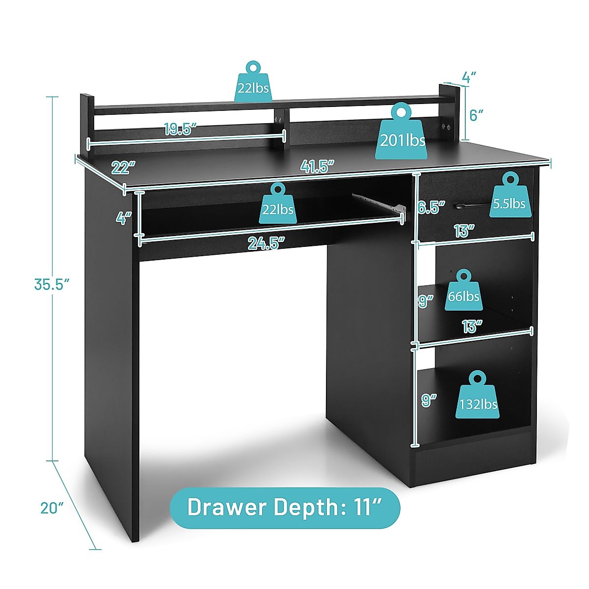 HAPPYGRILL Computer Desk with Monitor Stand, Home PC Office Desk with Keyboard Tray, Drawer & CPU Stand, Study Writing Desk Home Workstation Desk with Display Shelf