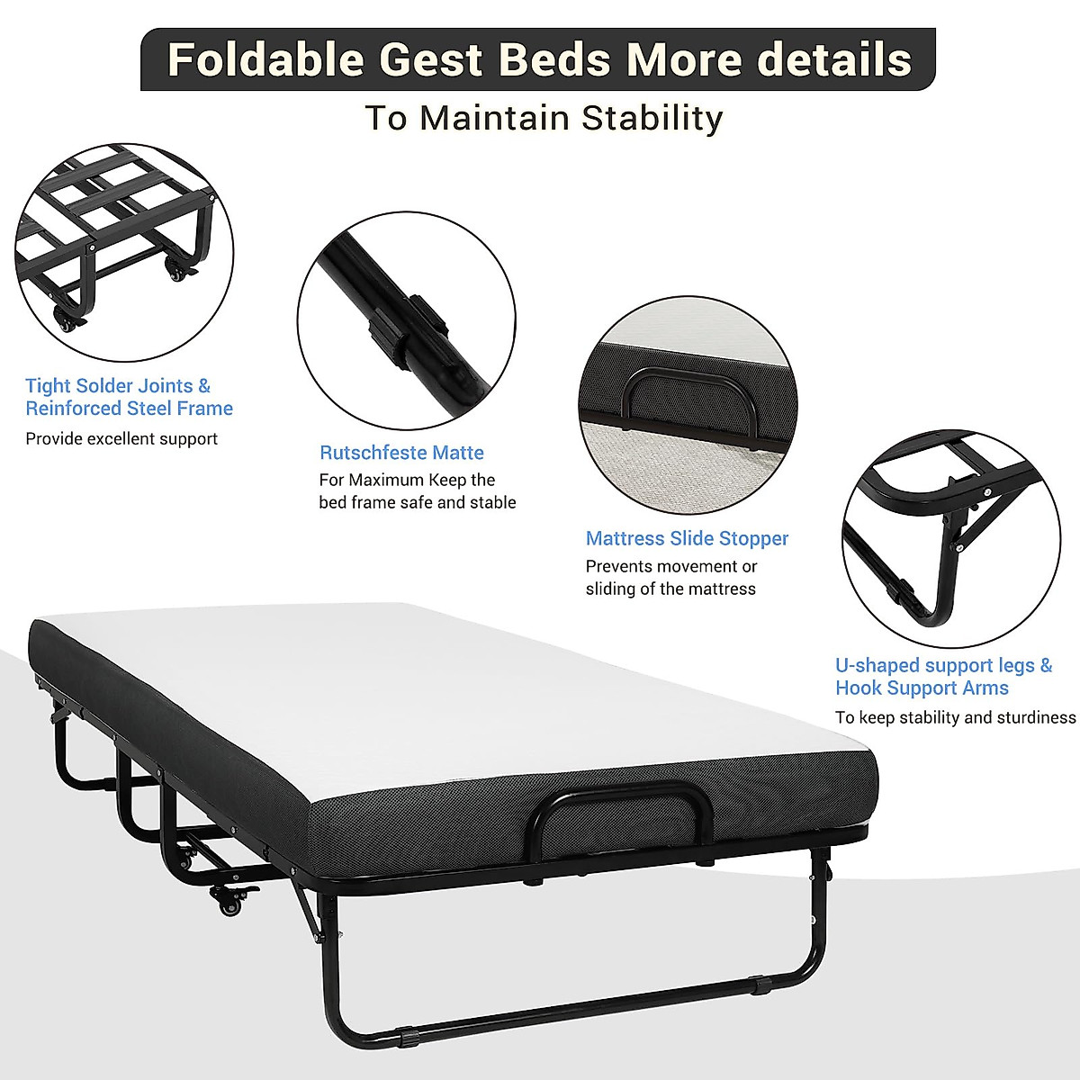 DICTAC Folding Bed with Mattress 75x38 Twin Size Bed Frame Portable Foldable Guest Bed for Adults Rollaway Bed with Wheels Fold up Bed with Metal Slats Bed Frame- 5'' Luxurious Memory Foam Mattress