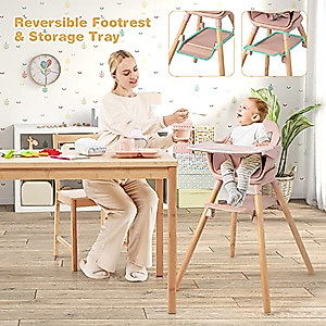 HONEY JOY Baby High Chair, 6 In 1 Convertible Wooden Highchair for Babies and Toddlers/Toddler Chair/Bar Stool, Removable Double Tray & Reversible Footrest, Safety Harness for Infant Boys Girls (Pink)