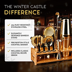 Cocktail Shaker Set 18 Piece, Mixology Equipment, All-in-One Cocktail Set, Drink Shaker, Strainers and Essential Bar Tools, Bar Set for Beginner & Professional Use, Gold - WinterCastle Enterprises