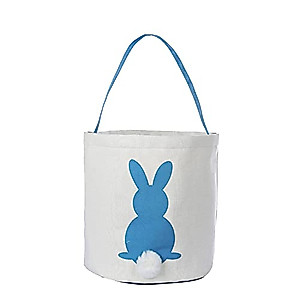 Easter Bunny Basket Bags for Kids, Canvas Cotton Rabbit Easter Egg Hunt Basket for Carrying Gifts, Fluffy Tails Printed Rabbit Canvas Toys Bucket Tote