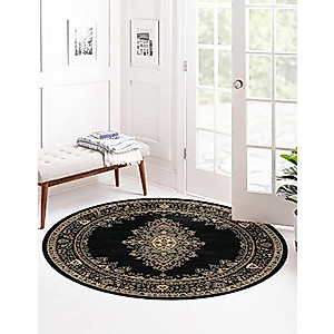 Rugs.com Amaya Collection Rug – 8 Ft Round Black Medium Rug Perfect for Kitchens, Dining Rooms