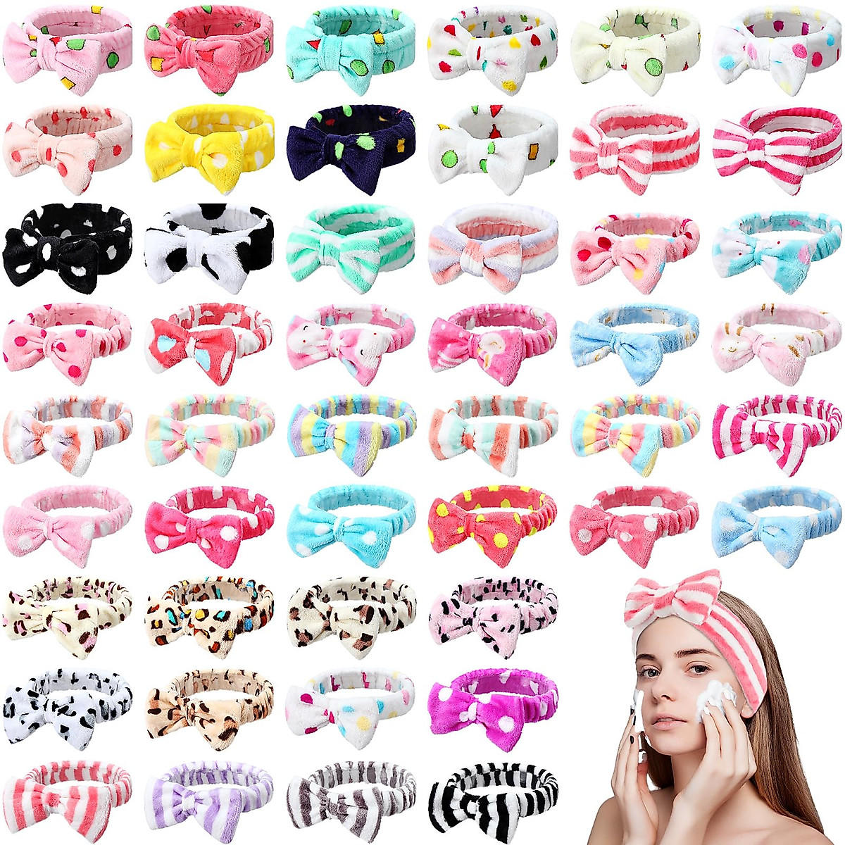 Giegxin 48 Pieces Spa Headband Bulk Bow Hair Band Facial Makeup Headbands Fluffy Plush Headband for Women Washing Face Spa Shower Cleansing (Novel Pattern)