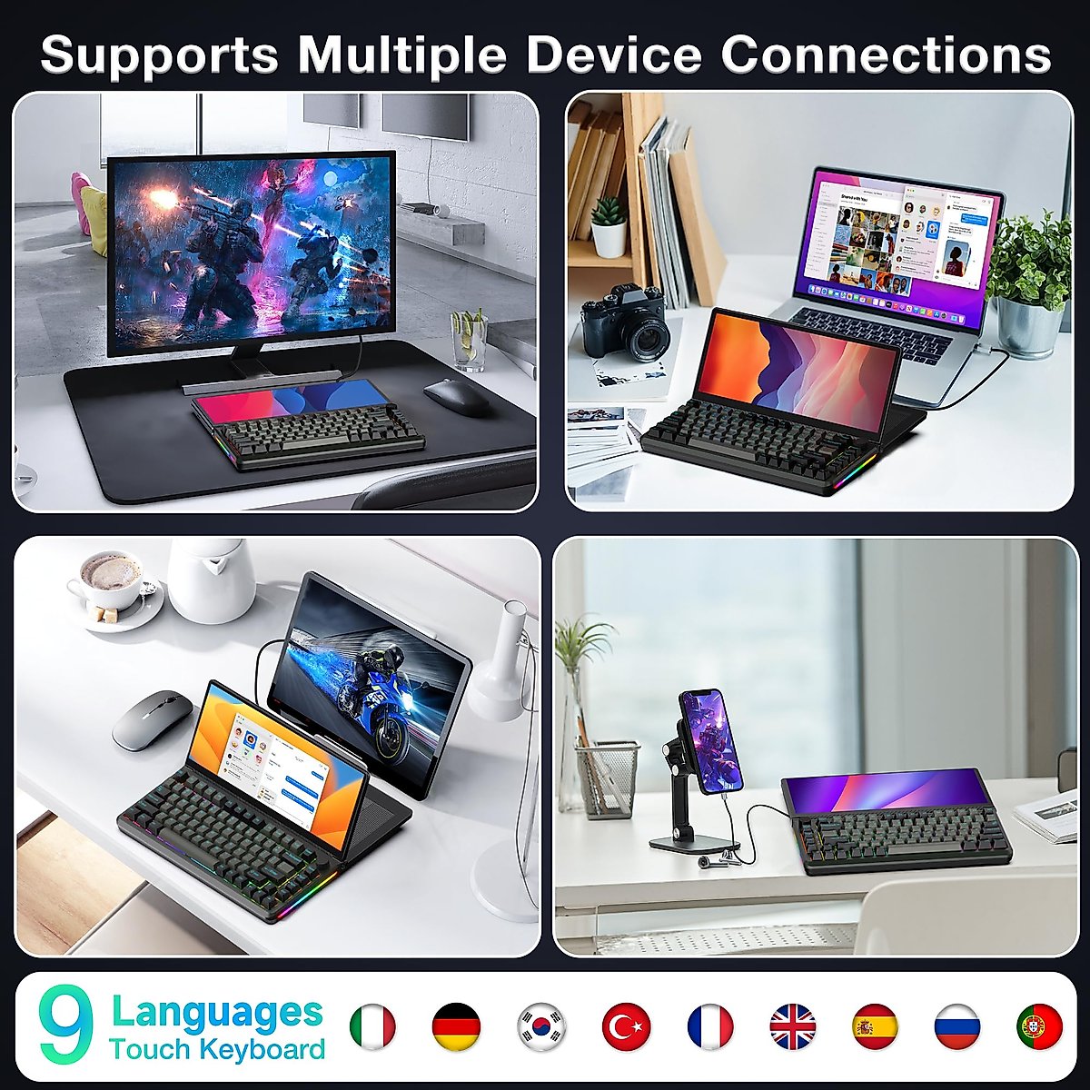 Kwumsy K3 Touchscreen Gaming Mechanical Keyboard - 82 Keys Portable USB Wired RGB LED Backlit N-Key Compact Keyboard, Keyboard With 13" Foldable 0-90 Degree Portable Screen, Plug and Play for Wins Mac