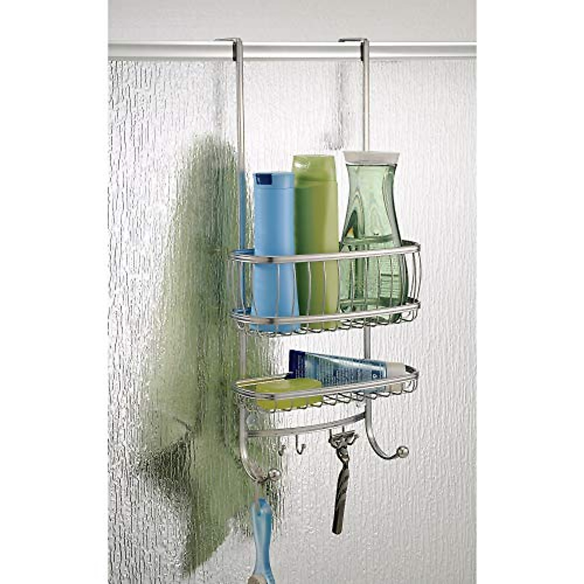 iDesign York Bathroom Over the Door Shower Caddy with Storage Baskets Shelves and Hooks for Shampoo, Conditioner, Soap, Silver