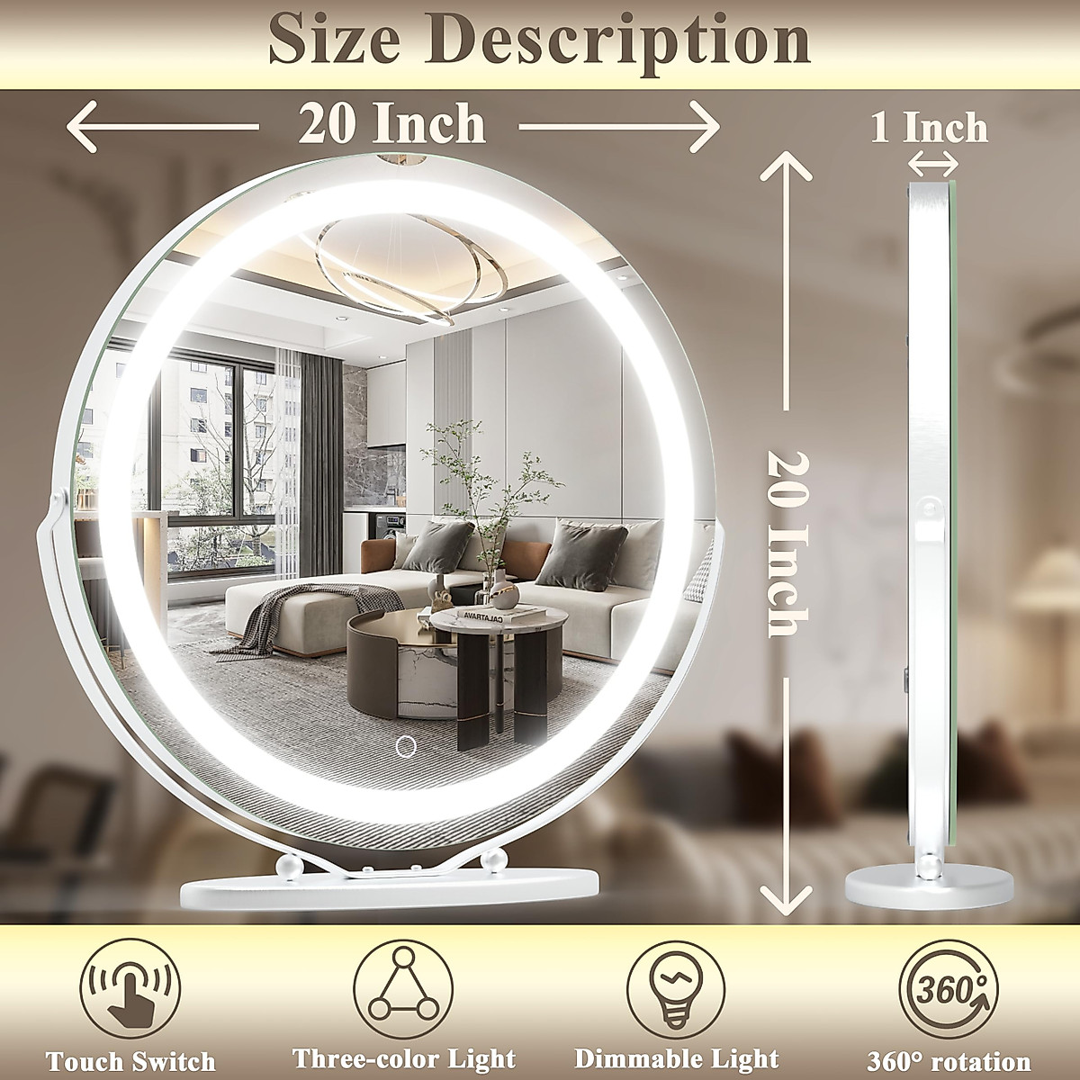 Vierose 20 inch Large Vanity Makeup Mirror with Lights, 3 Color Lighting Modes | Round Lighted Up Makeup Mirror with Dimming LED Halo for Dressing Room & Bedroom Tabletop, Touch Control (White)