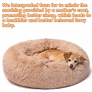 Friends Forever Donut Dog Bed Faux Fur Fluffy Calming Sofa For Small Dogs, Soft & Plush Anti Anxiety Pet Couch For Dogs, Machine Washable Coco Pet Bed with Non-Slip Bottom, 23"x23"x6" Tan