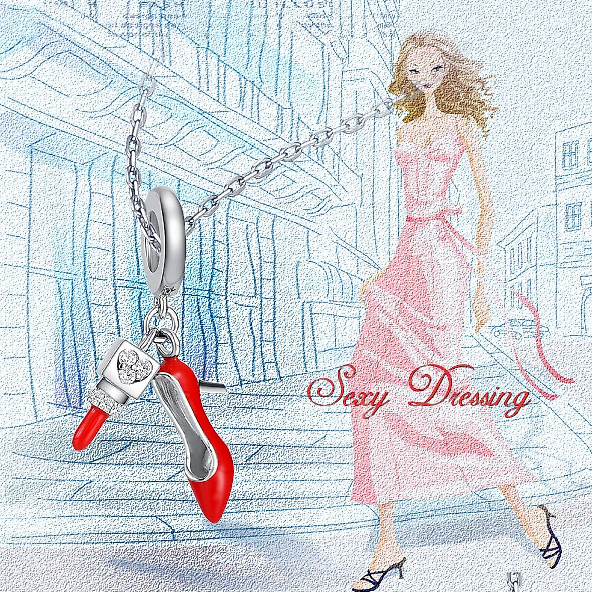 FOREVER QUEEN Red High Heels & Lipstick Charm fit Charms Bracelet 925 Sterling Silver Dangle Charm with Gift Box