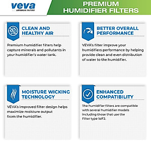 VEVA 6 Pack Premium Humidifier Filters Replacement for Protec, Vicks, Kaz Filter WF2 and V3500, V3100 & 3020 Cool Mist Humidifiers