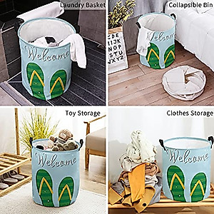 Laundry Basket Hamper with Handles, Cartoon Summer Flip Flop Waterproof Laundry Bin Foldable Clothes Basket for Storage Toys and Clothing Text Welcome Blue Backdrop 16.5x17 Inch