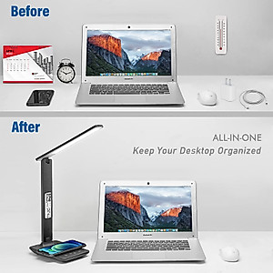 Yeslights Desk Lamp, LED Desk Lamp with Wireless Charger, Desk Lamps for Home Office, USB Charging Port, Desk Light with Clock, Alarm, Date, Temperature-Black