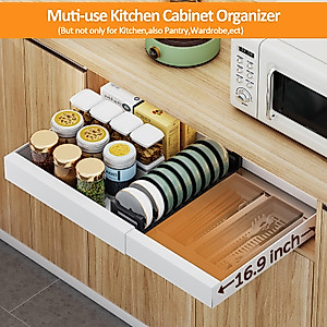 SJTOEB Expanded Pull Out Cabinet Organizer, Pull Out Drawers for cabinets with Adhesive Film, Slide Out Drawers for Kitchen cabinets (Expandable11.7-17.8" W x 16.9" D x 2.76" H) (White, 16.9" Depth)