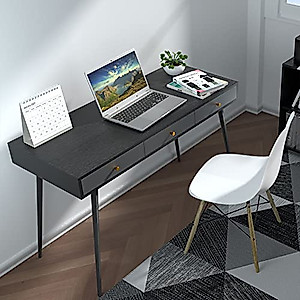 JURMALYN 47" Mid Century Modern Desk with Drawers Black Computer Desk Minimalist Desk with Metal Legs for Home Office, Easy Assembly (Black + Dark Grey)
