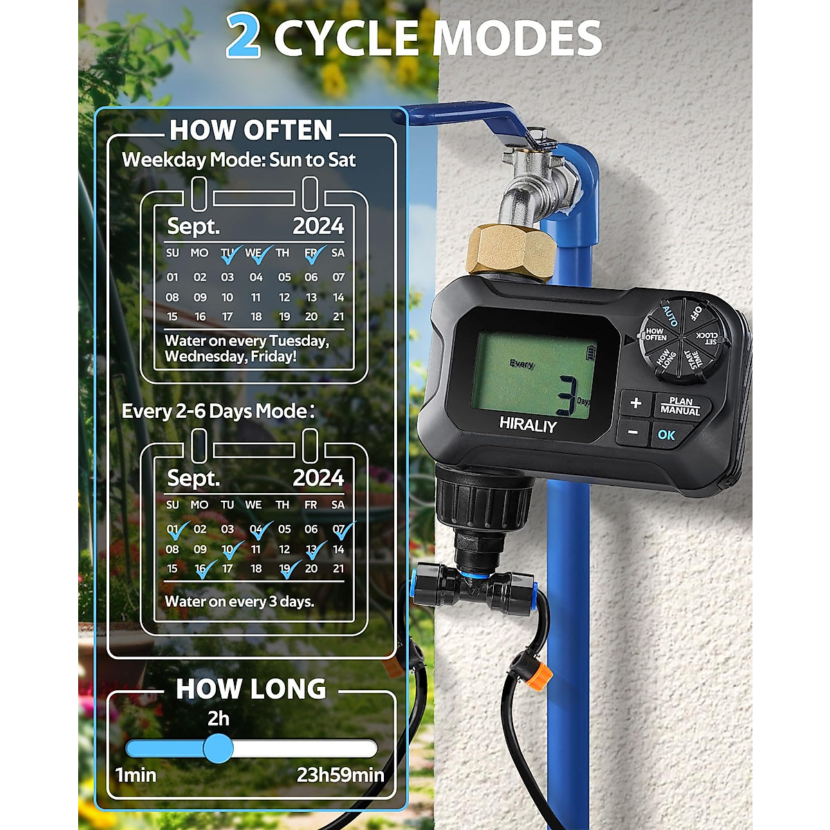 HIRALIY 65FT Automatic Drip Irrigation Kits with Garden Timer, 1/4" Blank Tubing and 4-outlets Misting Watering Nozzles, Auto Plant Watering System for Patio Lawn, Watering Regularly by Timer