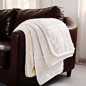 Longhui bedding Acrylic Cable Knit Sherpa Throw Blanket – Thick, Soft, Big, Cozy Ivory White Knitted Fleece Blankets for Couch, Sofa, Bed – Large 50 x 63 Inches Ivory White Coverlet All Season