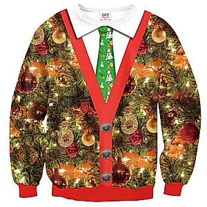 Arvilhill Christmas Men's Ugly Holiday Party Sweatshirt Tie Printed Light Bulb Long Sleeve Sweater Xmas Bells 2XL